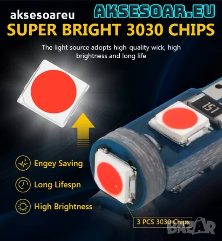 10 бр. малки габаритни крушки за арматурно табло T5 3SMD LED супер ярък 3030 LED вътрешно ...